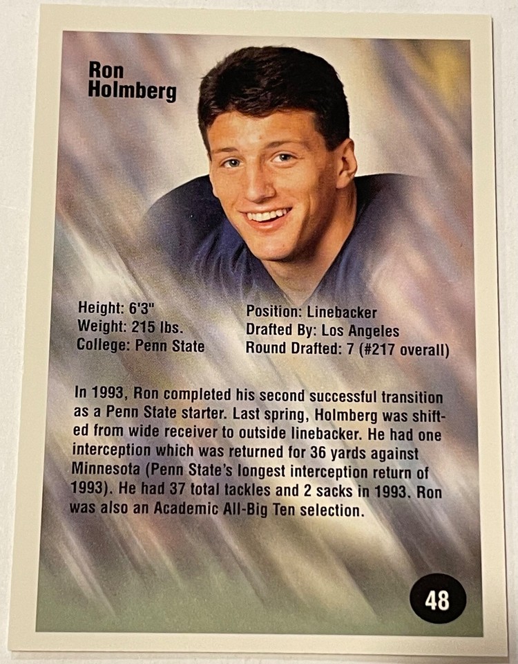 1994 Superior Rookies NFL Authentic Signature Rob Holmberg #48 #760/ ...