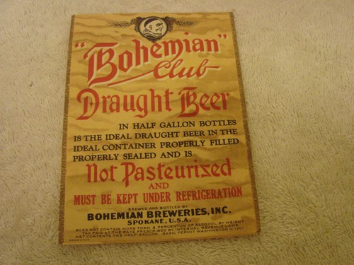 BOHEMIAN CLUB DRAUGHT BEER HALF GALLON BEER LABEL SPOKANE ,USA. DNCMT4 ...