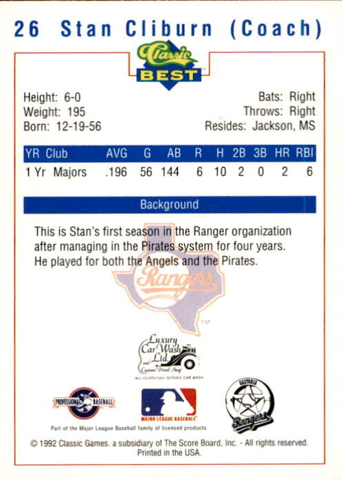 1992 Gastonia Rangers Classic/Best #26 Stan Cliburn Coach Jackson ...
