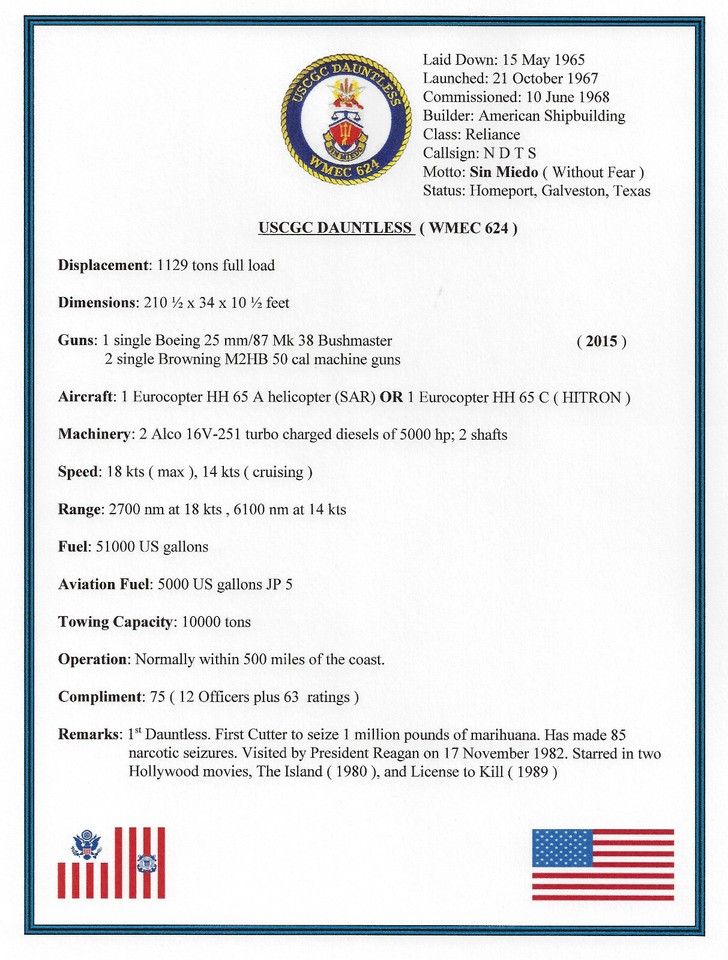 US COAST GUARD CUTTER USCGC DAUNTLESS WMEC624 8 X10 PHOTO WITH STATS ...
