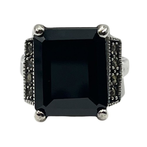 Sterling Silver Black Garnet Melanite Marcasite Size 7.5 Ring Prong Set ...