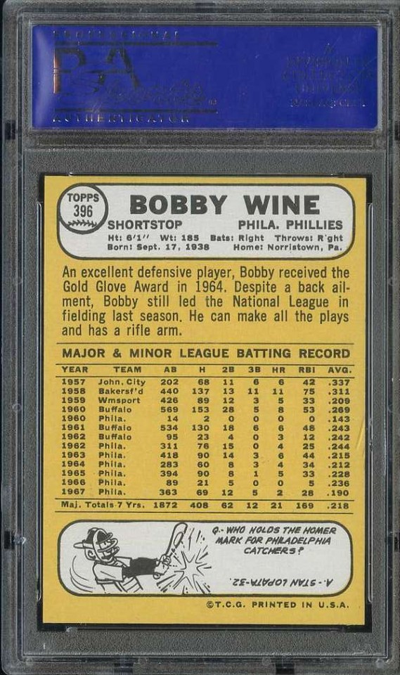 1968 TOPPS #396 BOBBY WINE PSA 9 PHILLIES *B68417 | eBay