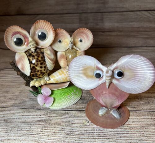 VINTAGE SEA SHELL ART OWL FIGURINE FAMILY HAND CRAFTED BEACH SOUVENIR ...