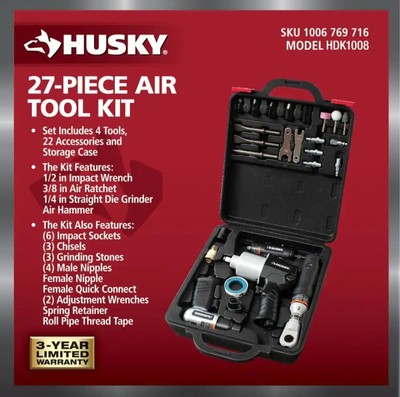 Husky Air Tool Kit (27-Pieces) 1/2-in. Impact, 3/8-in. Ratchet, Die ...