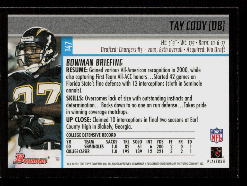 2001 Bowman #147 Tay Cody RC Rookie San Diego Chargers Football Card | eBay