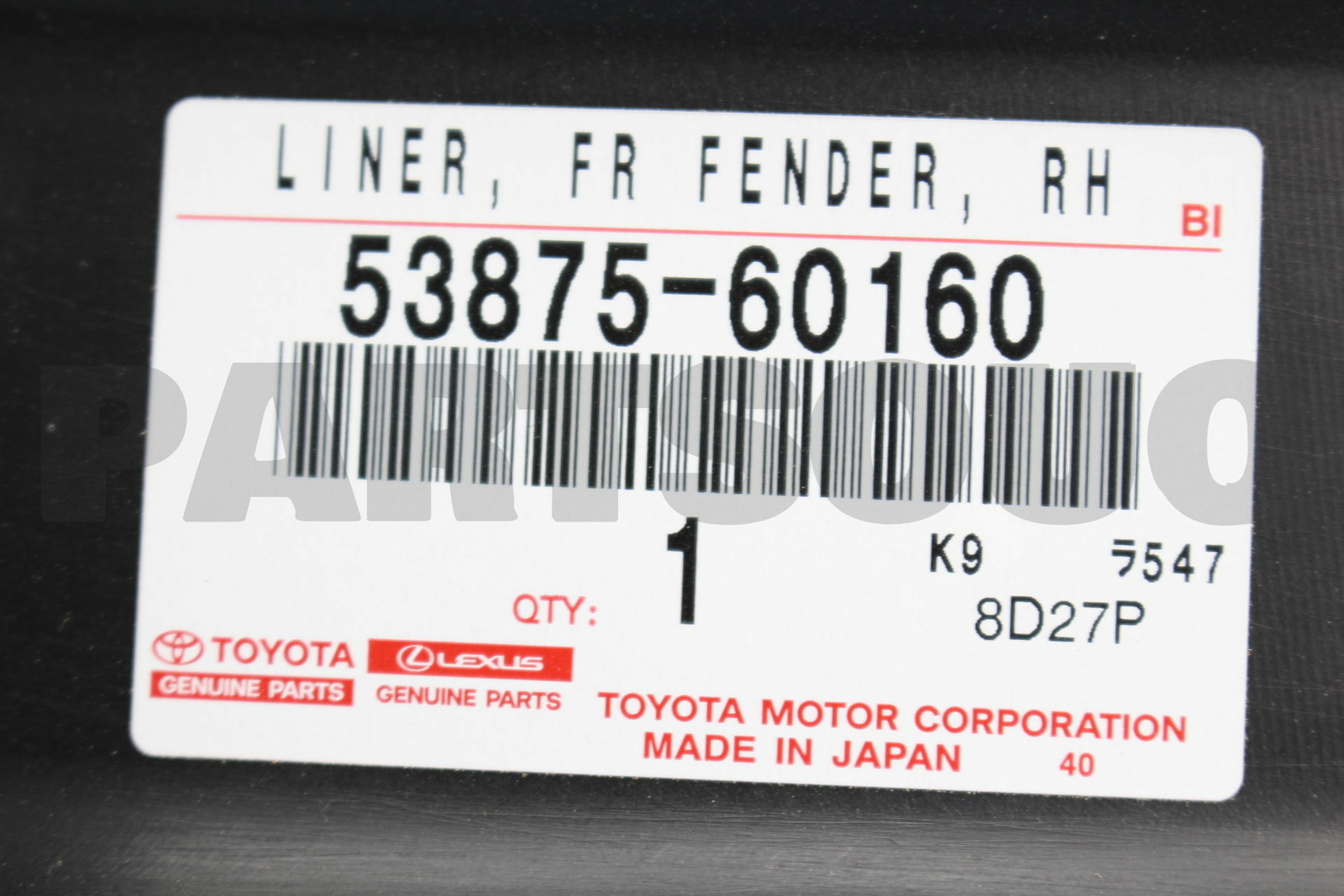 5387560160 Genuine Toyota LINER FR FENDER RH 53875-60160 | eBay