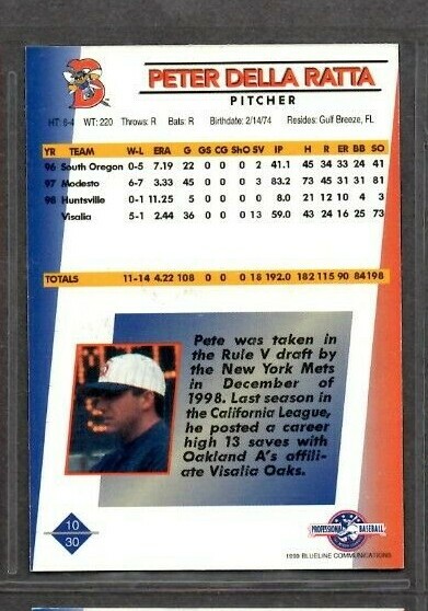 1999 Blueline Binghamton Mets #10 Peter Della Ratta Card Signed ...