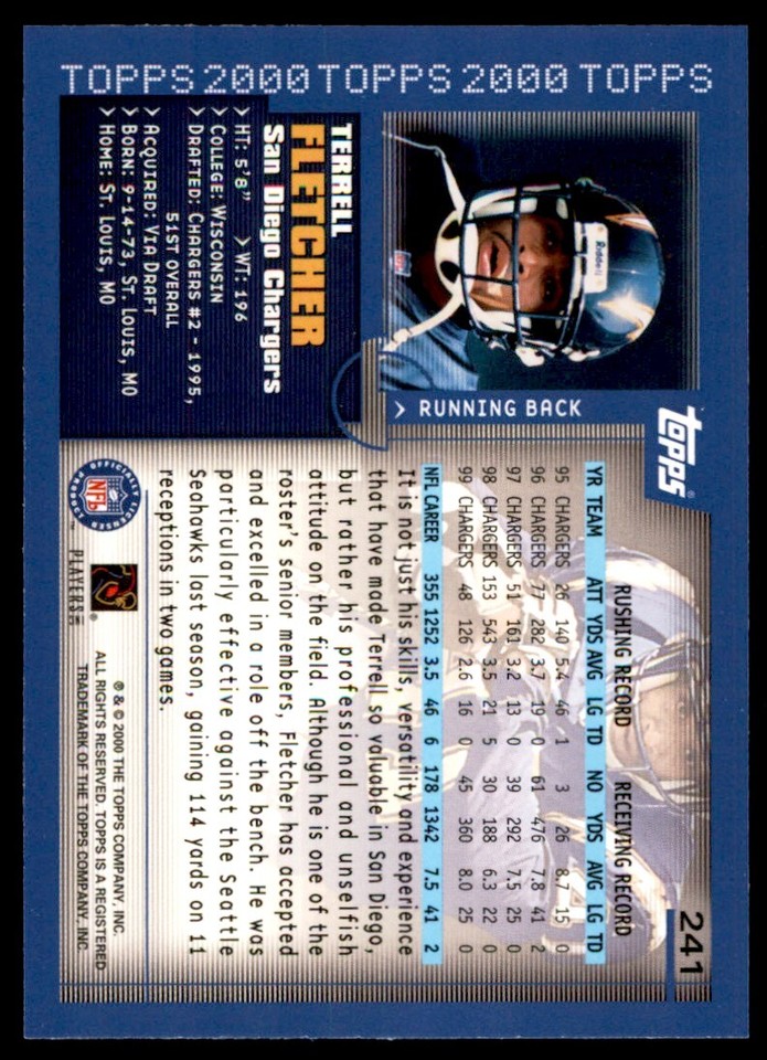 2000 TOPPS COLLECTION TERRELL FLETCHER SAN DIEGO CHARGERS #241 | eBay