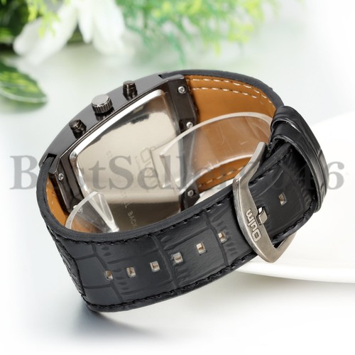 Mens Large Face Dual Time Quartz Analog Wide Leather Wrist Military ...