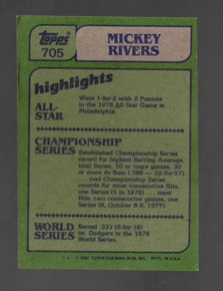 1982 Topps Mickey Rivers In Action Texas Rangers #705 Excellent | eBay