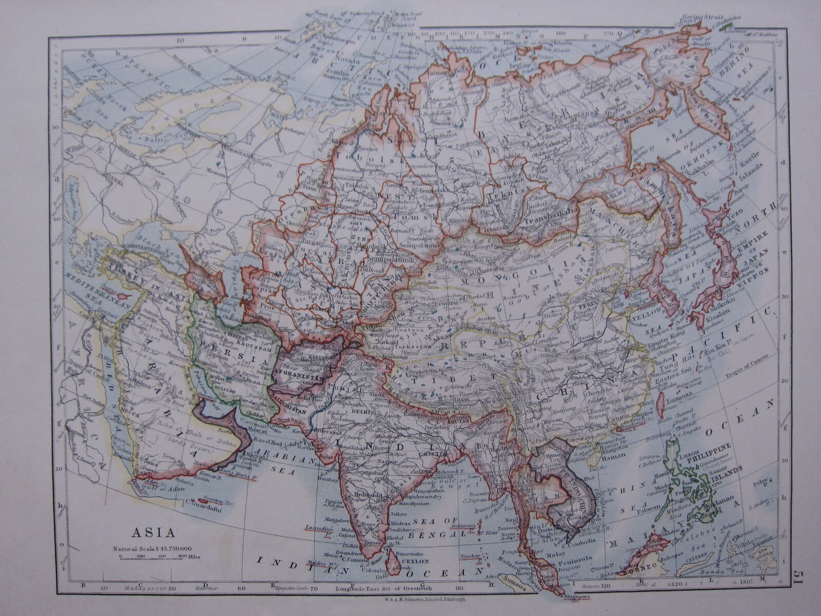 1918 MAP ASIA INDIA ARABIA PERSIA MONGOLIA CHINA SIAM AFGHANISTAN SIAM ...