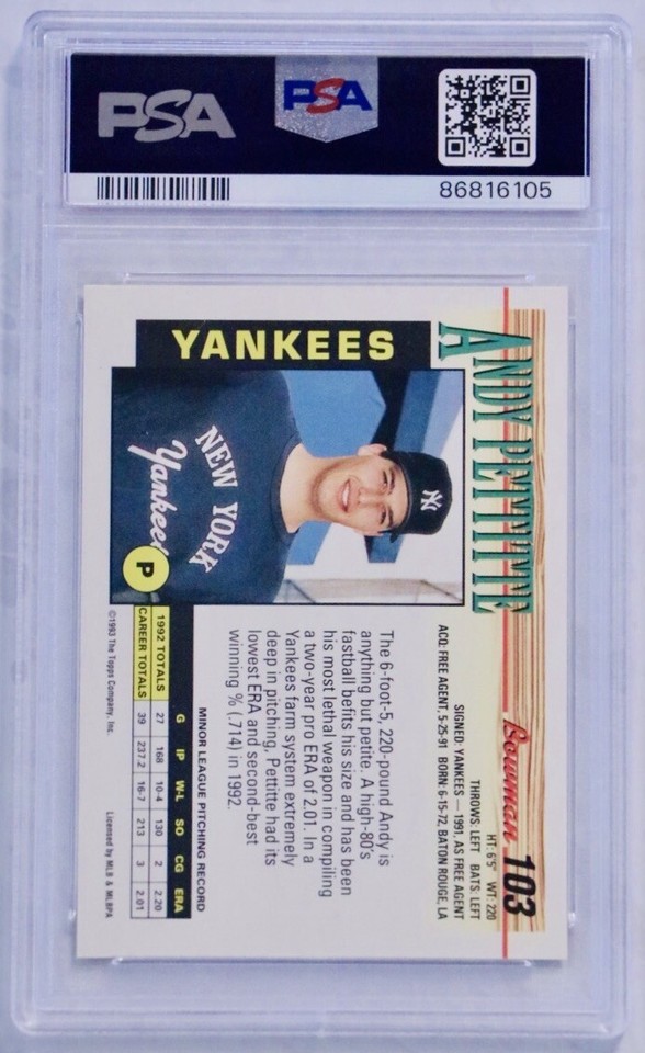 1993 Bowman Andy Pettitte Rookie RC #103 PSA 9 Mint New York Yankees | eBay