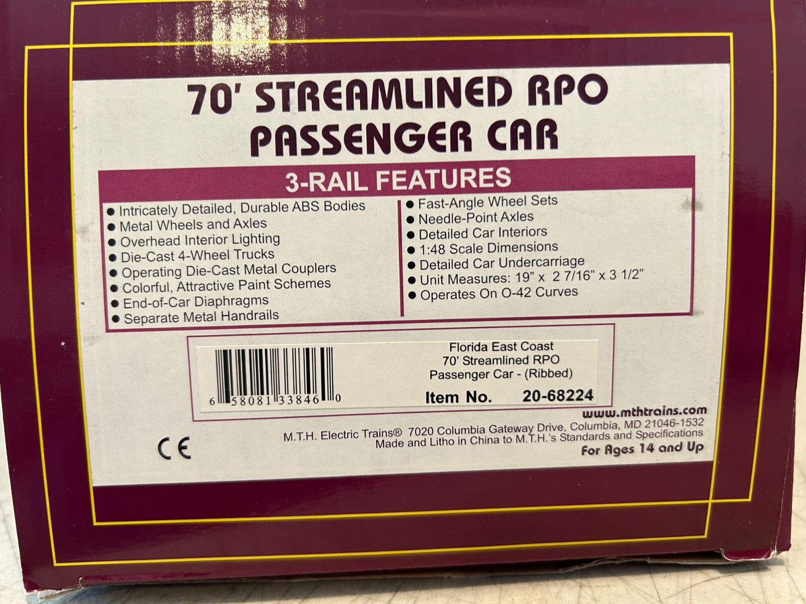 🚂MTH 20-68224 FLORIDA EAST COAST 70' RPO Passenger Car (Ribbed Sided ...