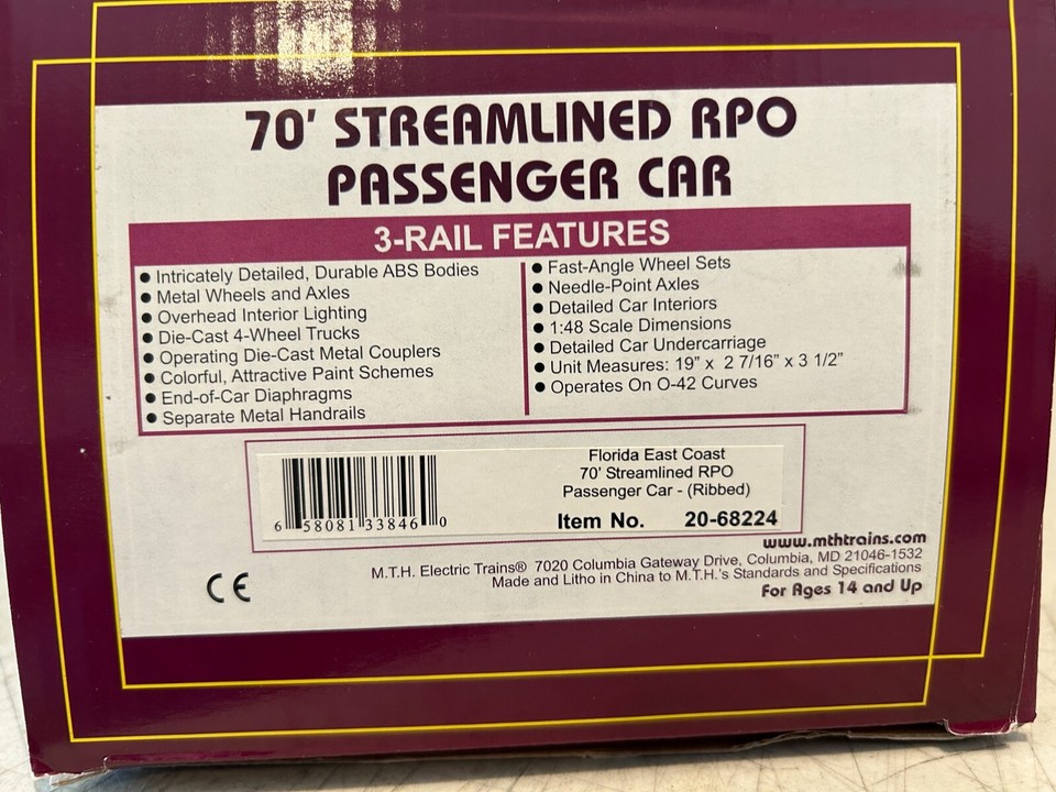 🚂MTH 20-68224 FLORIDA EAST COAST 70' RPO Passenger Car (Ribbed Sided ...