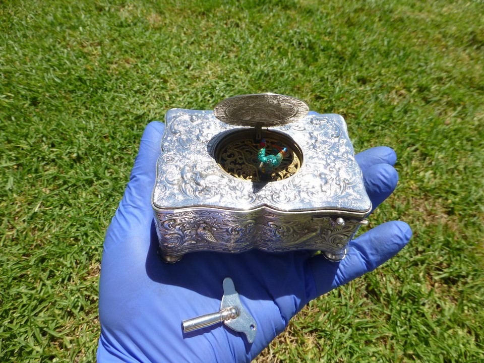 Antique Sterling Silver Swiss Singing Bird Box Unique Singing Tone Rare ...