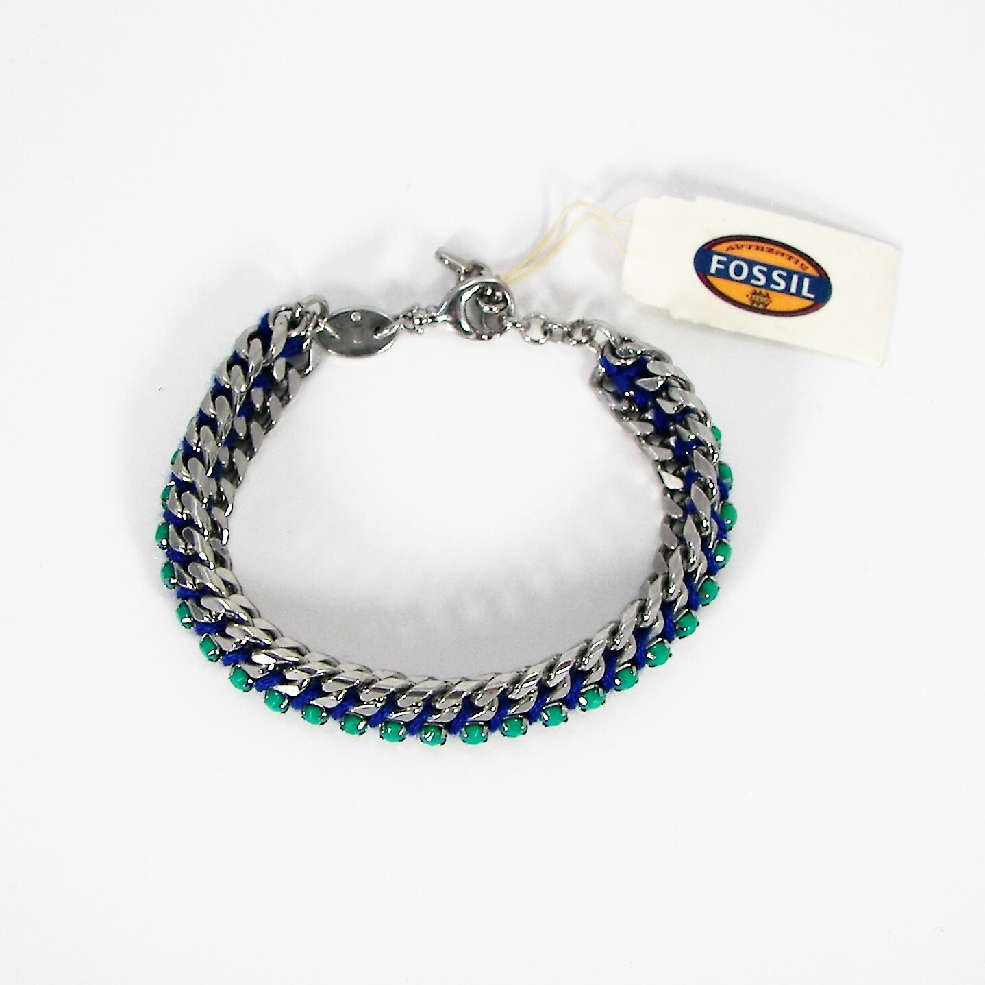 Fossil Arm Candy Bracelet Green Bead Blue Thread Silver Tone Metal ...