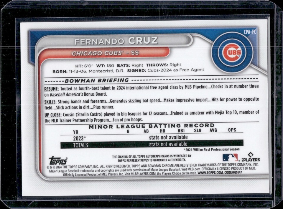 FERNANDO CRUZ 2024 BOWMAN CHROME 1ST PROSPECT YELLOW REFRACTOR AUTO 59/ ...