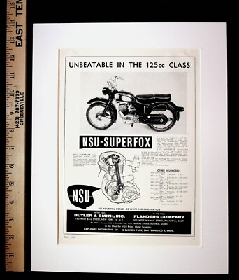 1958 NSU Superfox Overhead Cam Engine Vintage Motorcycle Ad Matted ...