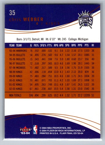 2003-04 Flair Final Edition Chris Webber #35 - Sacramento Kings | eBay