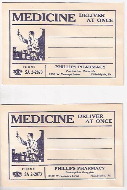 Two Old Medicine Envelopes Phillips Pharmacy Philadelphia PA Drug Store ...