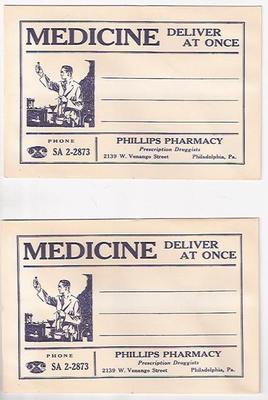 Two Old Medicine Envelopes Phillips Pharmacy Philadelphia PA Drug Store ...