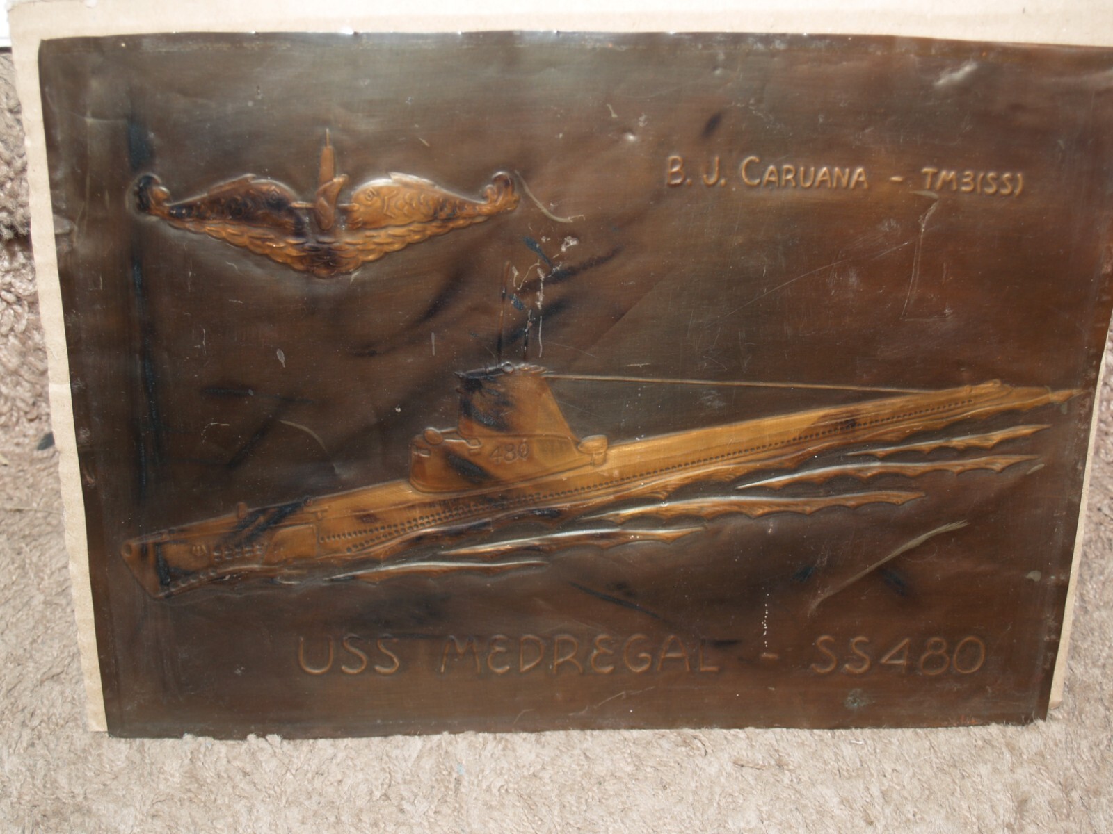Vintage Hand Made Copper Engraving placard WWII USS Medregal (SS-480 ...