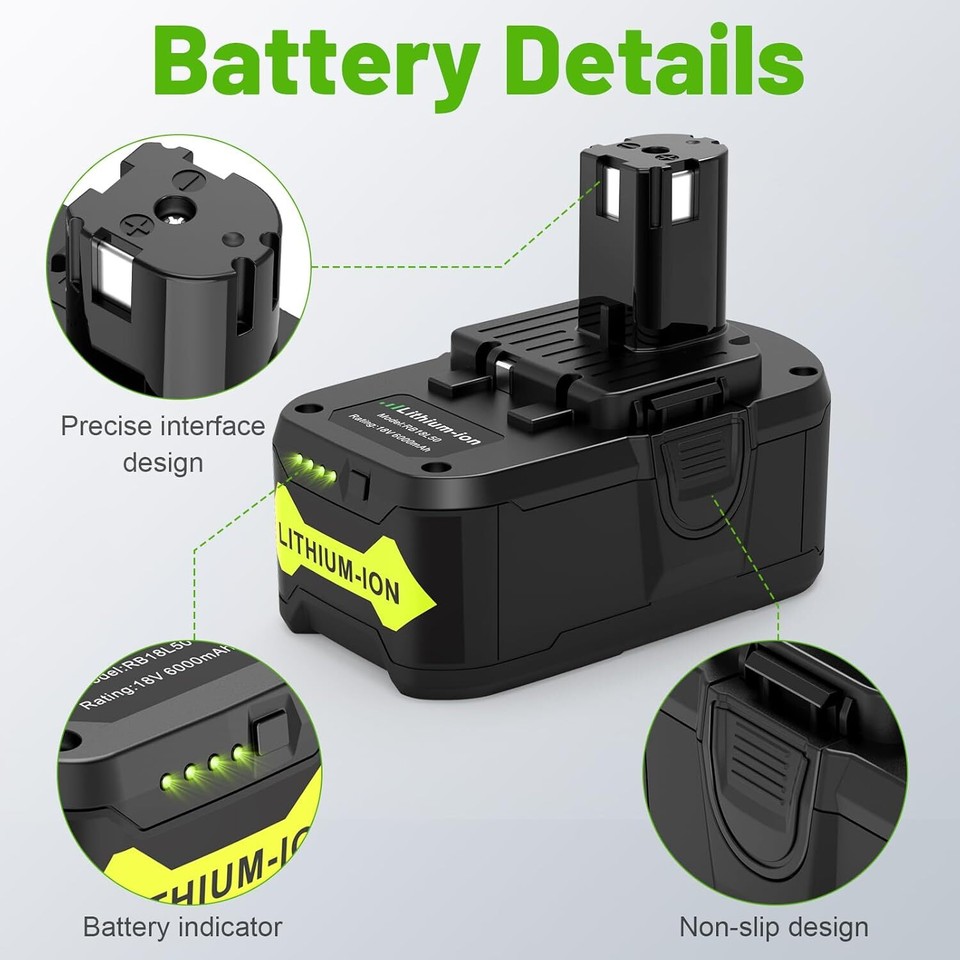 2 Pack 18V 6.0Ah RB18L50 Battery For RYOBI P102 P104 P105 P107 P108 ...