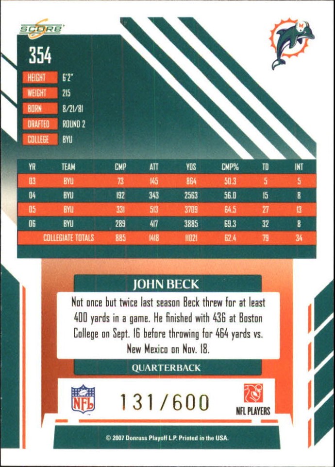 2007 Score Gold Zone Miami Dolphins Football Card #354 John Beck/600 | eBay