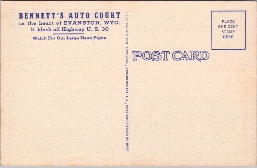 1940 EVANSTON, Wyoming LINEN Postcard "BENNETT'S AUTO COURT" Night View ...