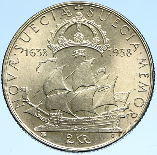 1938 G SWEDEN w GUSTAV V ADOLF SWEDISH LARGE Antique Silver 2 Kronos ...