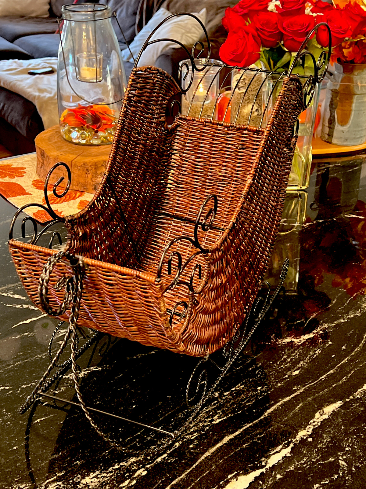 Large Vintage Rattan Wicker & Metal Christmas Sleigh 15..5” "X 22” X 7. ...