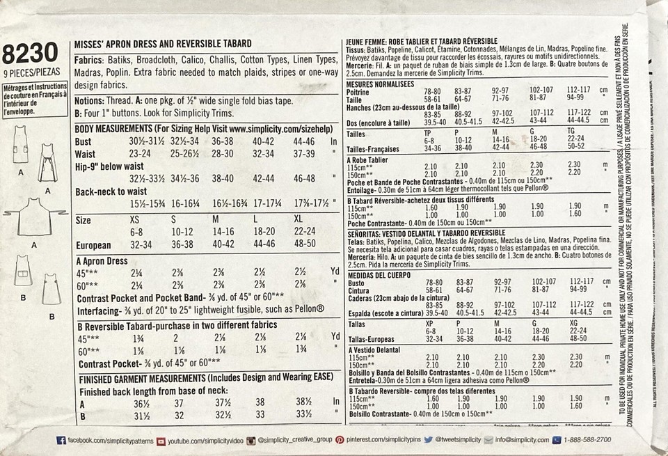 Simplicity 8230 Womens Apron Dress Tabard Dottie Angel Pattern Size XS ...