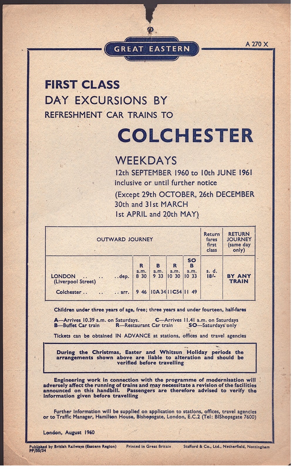 British Railways (Eastern Region)1960 Handbill First Class Excursions ...