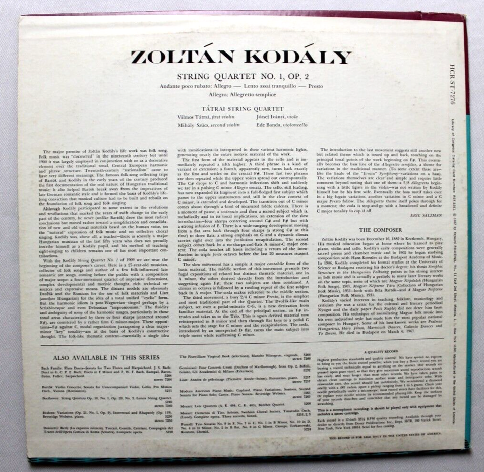ZOLTAN KODALY STRING QUARTET NO 1 OP 2 LP 12" VINYL RECORD (97276-3 ...
