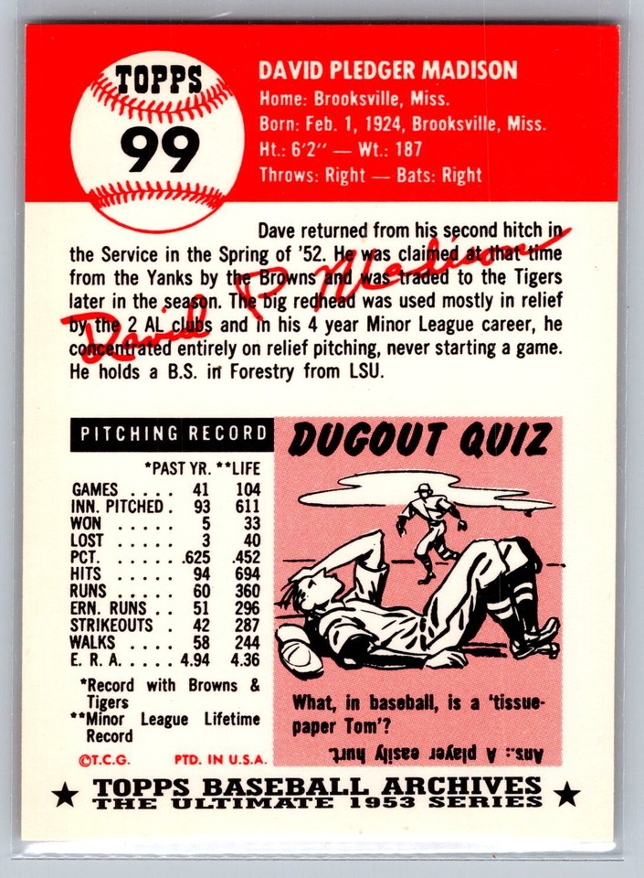 1991 Topps Archives Ultimate 1953 #99 Dave Madison Detroit Tigers | eBay