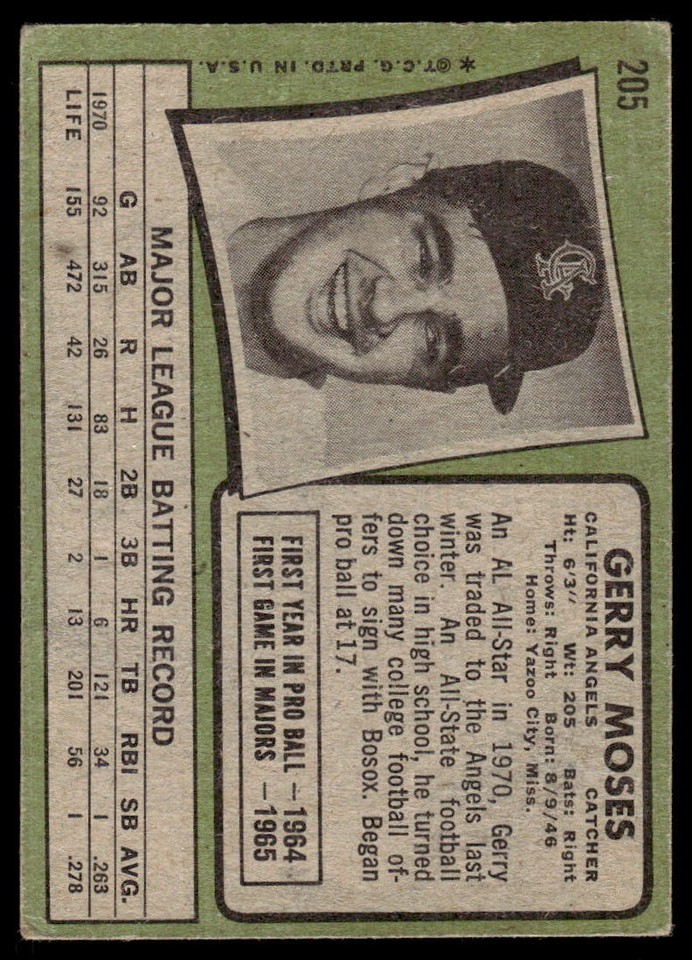 1971 Topps Gerry Moses #205 California Angels Baseball Card | eBay