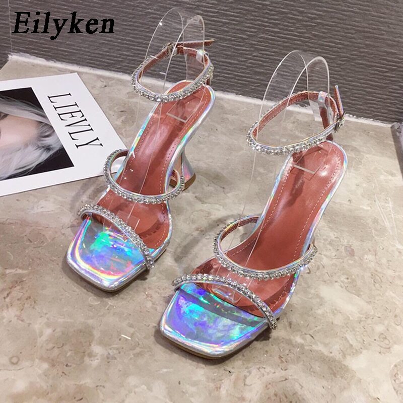 Square Toe Woman Sandals Crystal Diamond PU Leather Ankle Buckle Strap ...