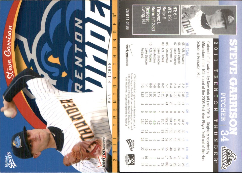Steve Garrison 2011 MultiAd Trenton Thunder SGA #11 RC FREE SHIP ...