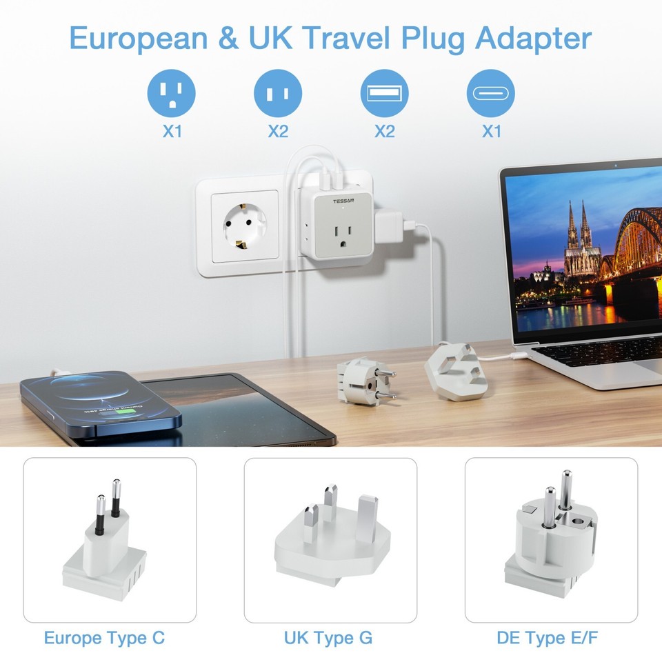 All European UK Travel Plug Adapter Kit Detachable Plug with 3 Outlet 3 ...
