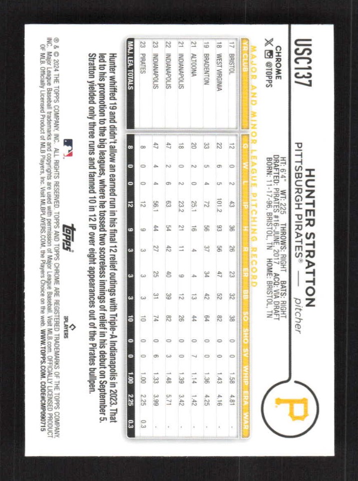 Hunter Stratton 2024 Topps Chrome Update Pittsburgh Pirates Rookie # ...