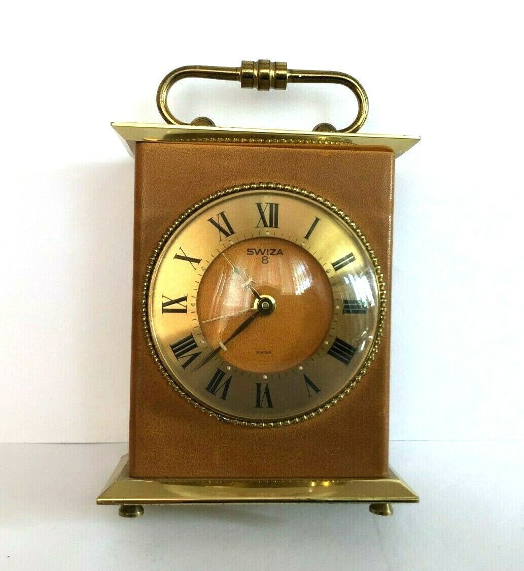 Vintage Rare SWIZA 8 Days Alarm Desk Clock Real Leather & Brass Swiss ...