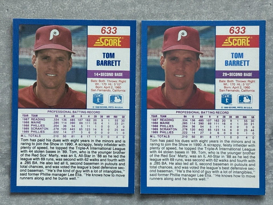 (2) 1990 Score TOM BARRETT "Jersey Number" Error & Corrected Baseball ...