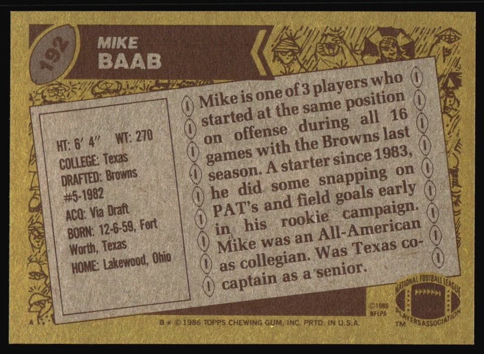 1986 Topps Mike Baab Rookie #192 Cleveland Browns | eBay