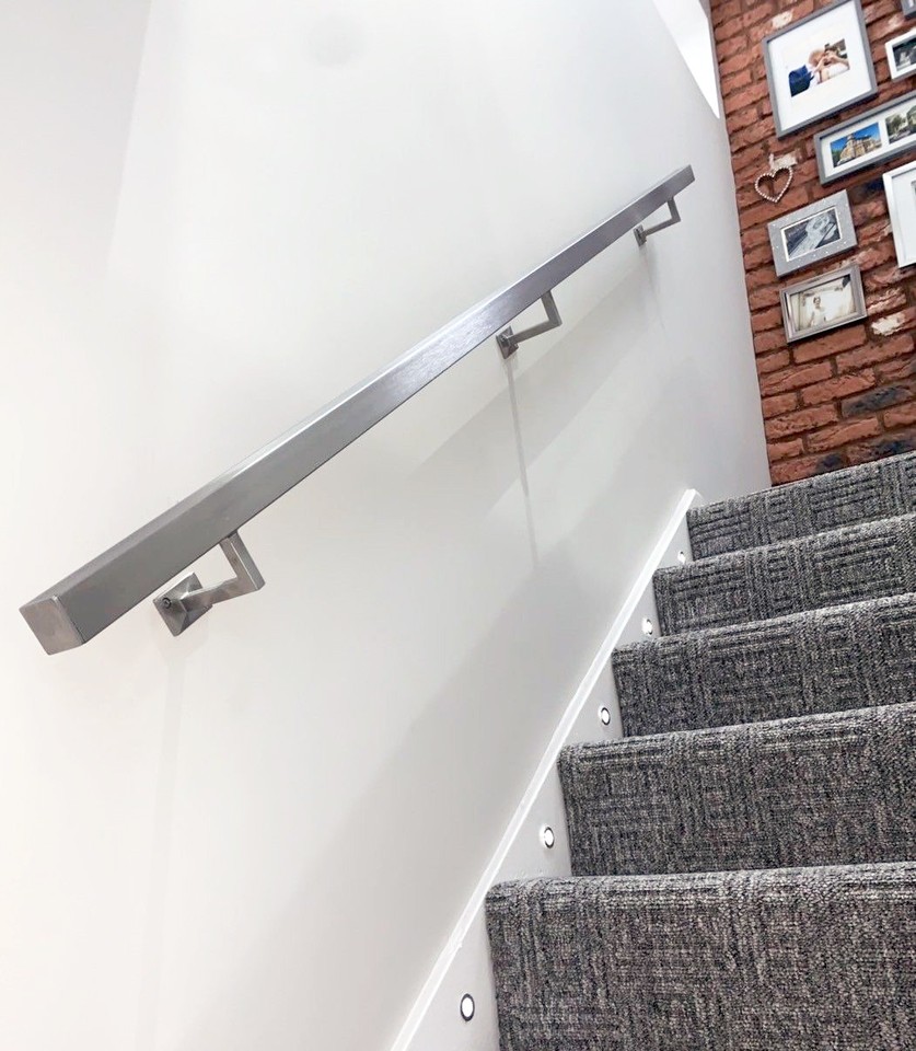 Brushed Steel Handrail - Pre-Assembled Stainless Square Metal Stair ...
