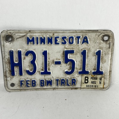 VTG Small Minnesota Utility Trailer License Plate H31 511 White & Blue ...