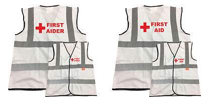 PRINTED FIRST AID OR FIRST AIDER WHITE HI VIS VEST WAISTCOAT JACKET ...