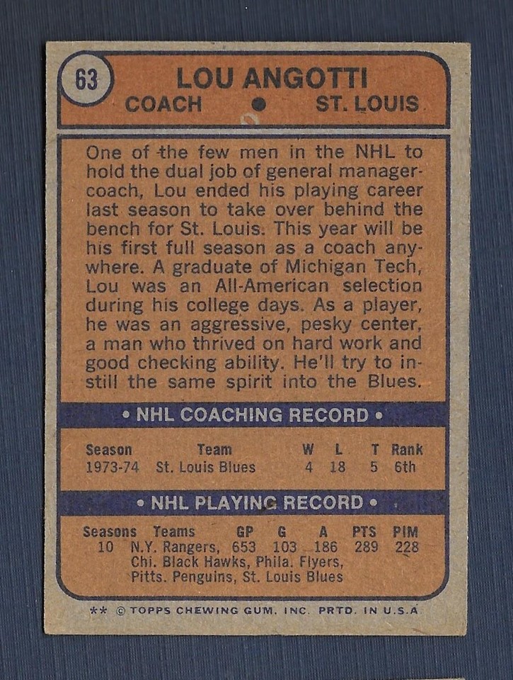 1974-75 Topps Lou Angotti #63 St. Louis Blues EX | eBay