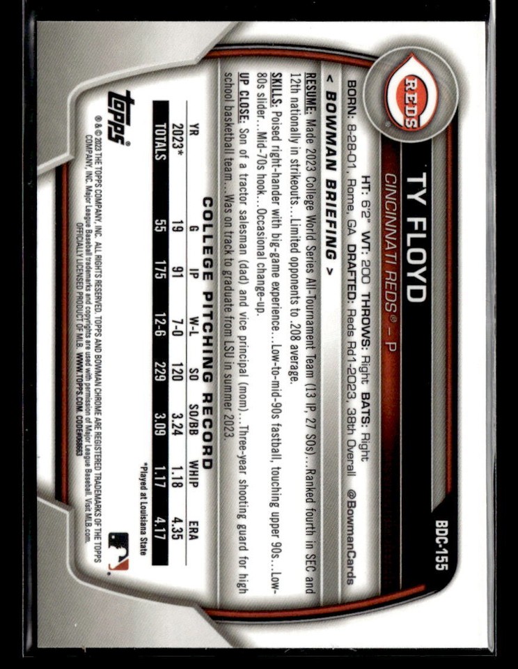 Ty Floyd - 2023 Bowman Draft Chrome 1st Sapphire #BDC-155 Cincinnati ...