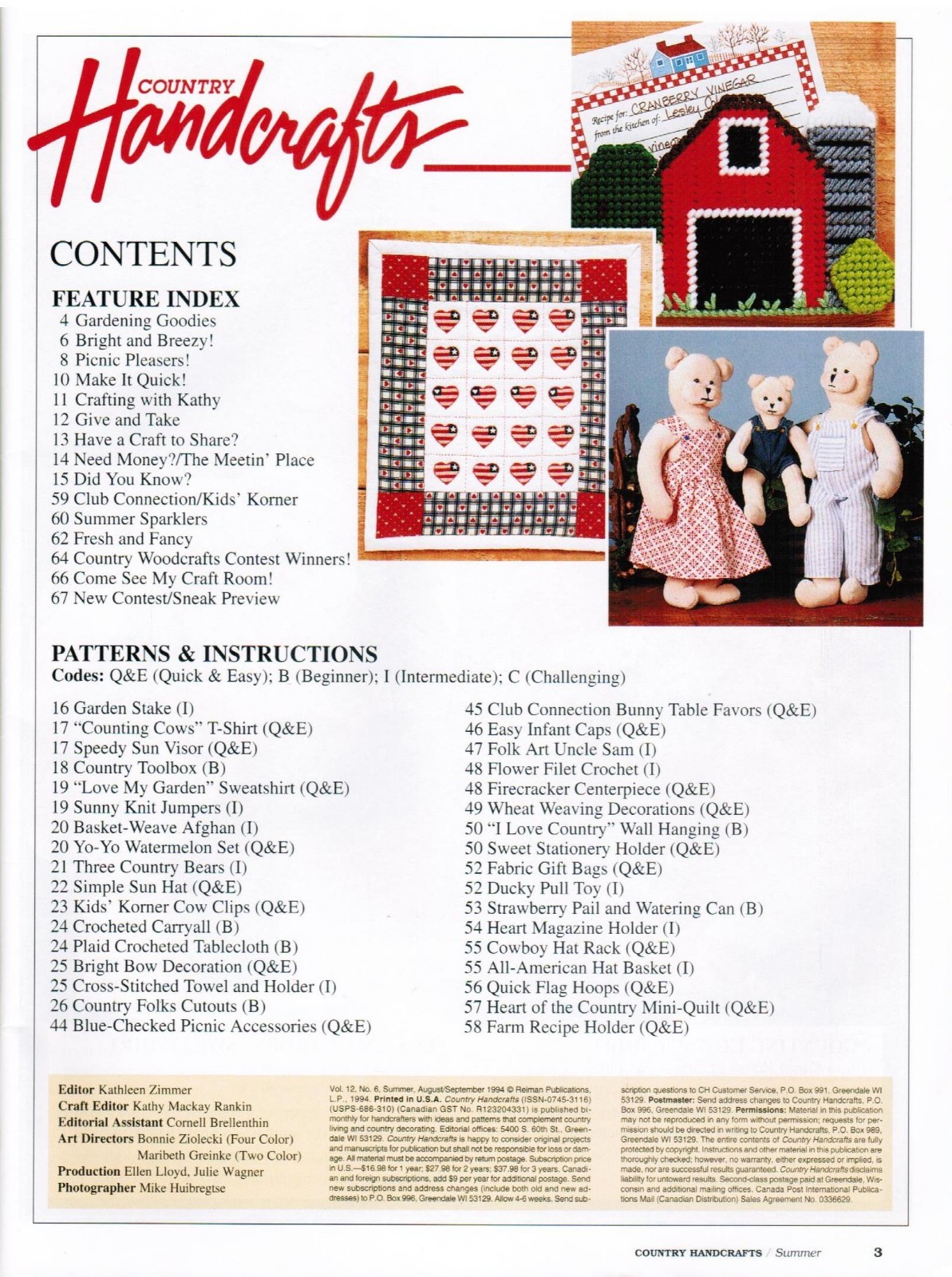 Country Handcrafts Summer 1994 Vintage Magazine Woodcraft Sewing Knit ...