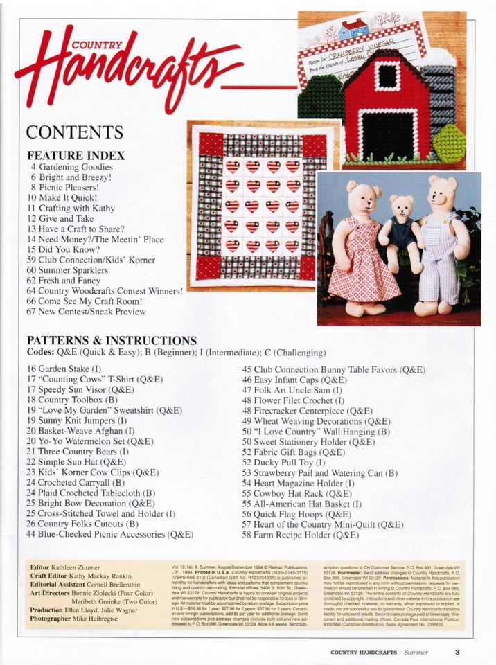 Country Handcrafts Summer 1994 Vintage Magazine Woodcraft Sewing Knit ...